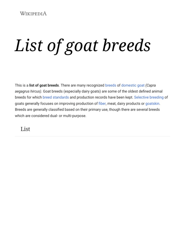 List of Goat Breeds - Wikipedia | PDF | Goat | Animal Breeds