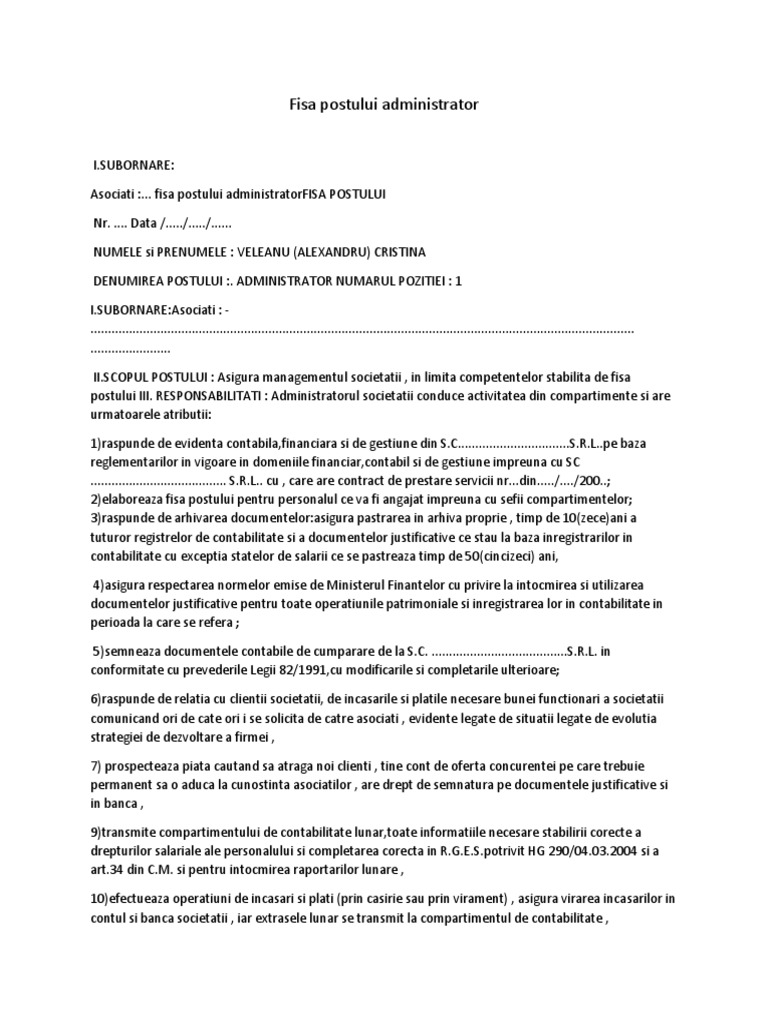 Fisa Postului Administrator | PDF