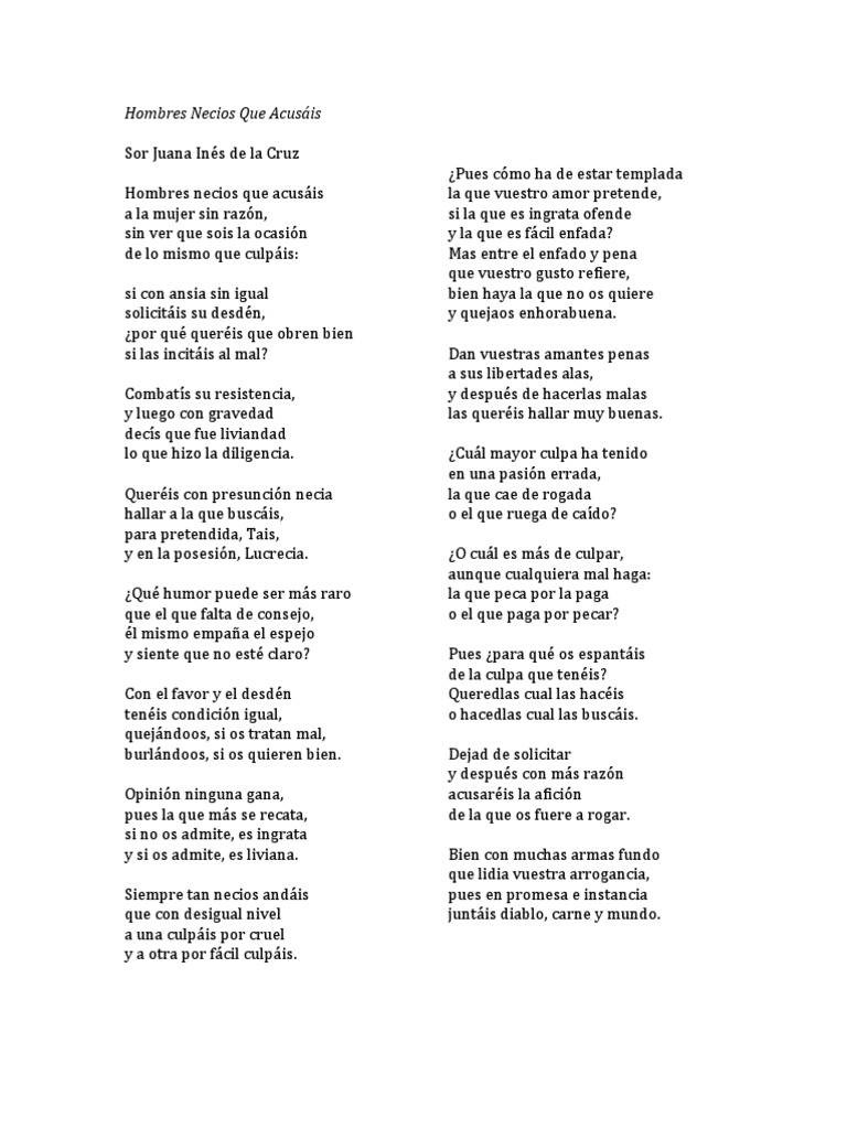 Sor Juana Ines de La Cruz Hombres Necios Que Acusáis Sor | PDF