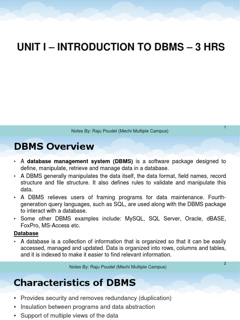 Unit I - Introduction To DBMS | PDF | Databases | Business