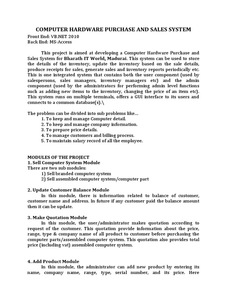 Computer Hardware Purchase and Sales System | PDF | Sales | Inventory