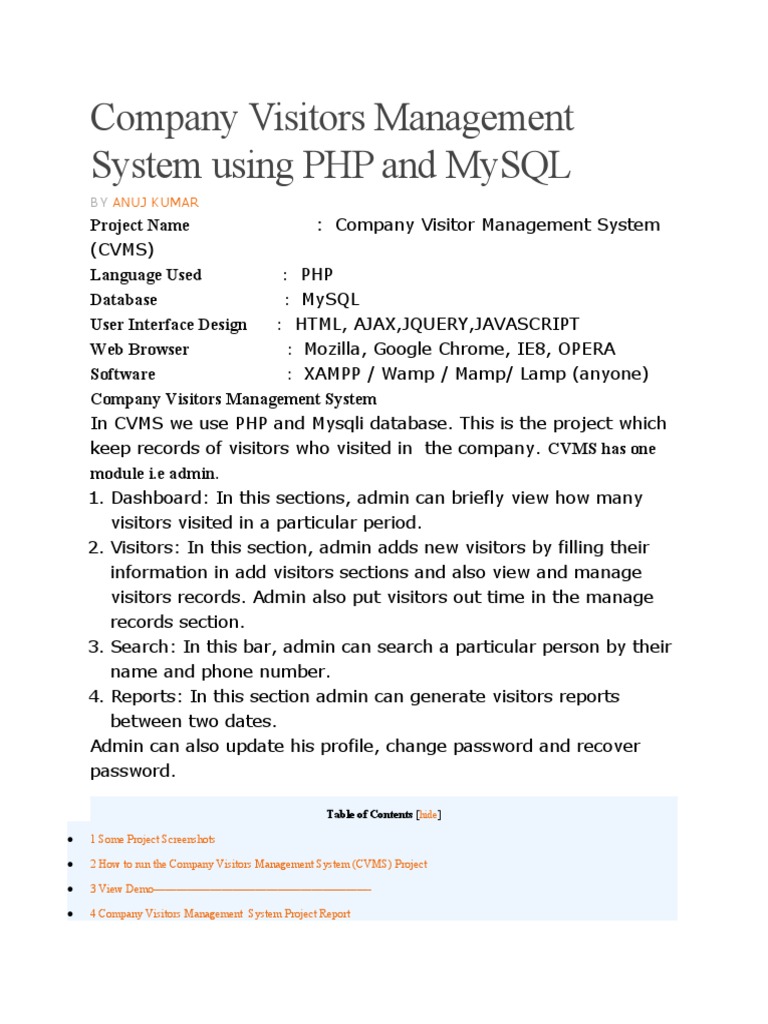 Company Visitors Management System Using PHP and MySQL | PDF