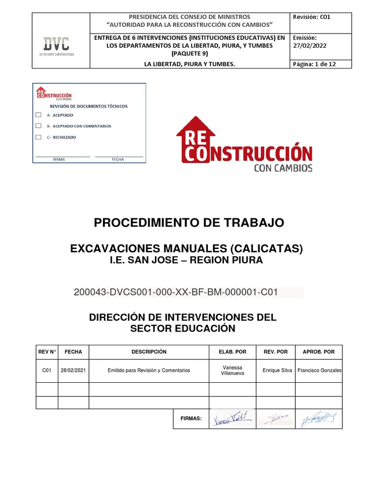 Procedimiento de Trabajo Excavaciones Manuales (Calicatas) | PDF | Agua ...