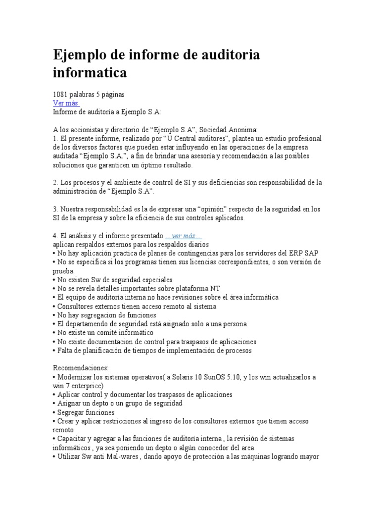 Ejemplo de Informe de Auditoria Informatica | PDF | Auditoría | Software