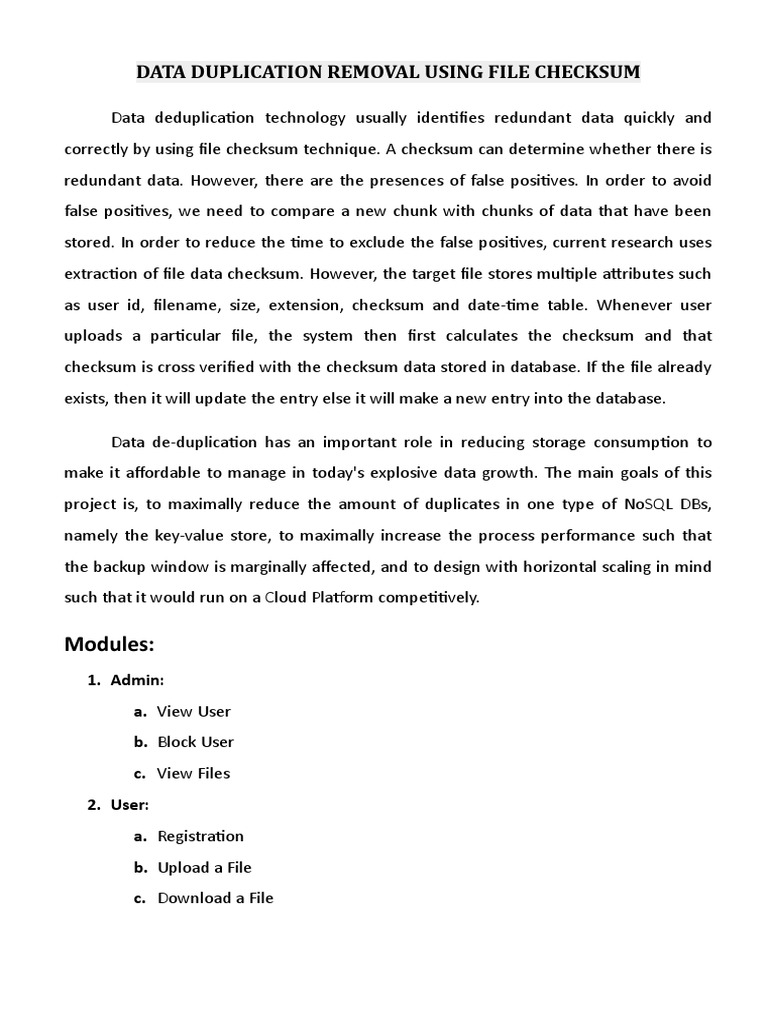 Data Duplication Removal Using File Checksum | PDF | Computers