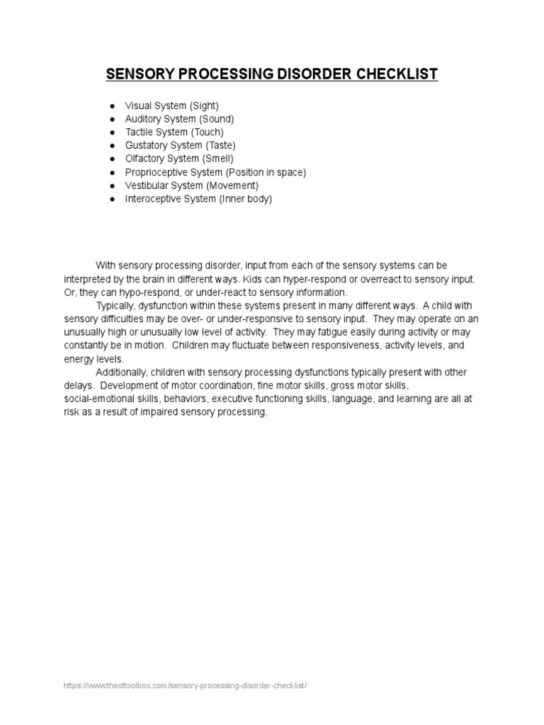 Sensory Processing Disorder Checklist Pdf