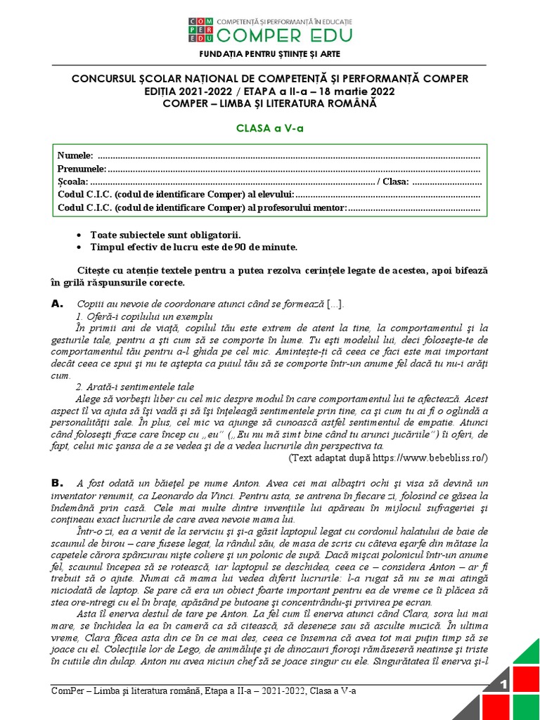 Subiect Comper Romana EtapaII 2021 2022 Clasav | PDF