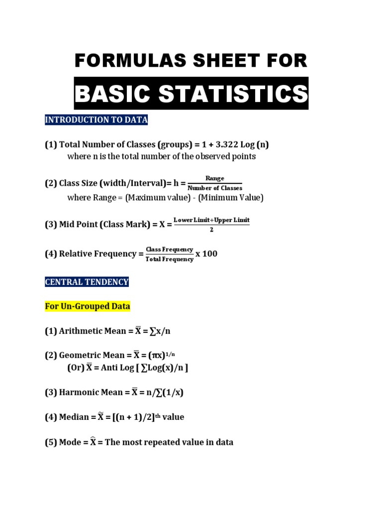 Basic Statistics: Formulas Sheet For | PDF | Mean | Coefficient Of ...