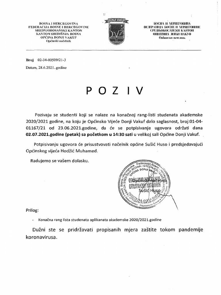 Poziv Za Potpisivanje Ugovora Stipendije | PDF