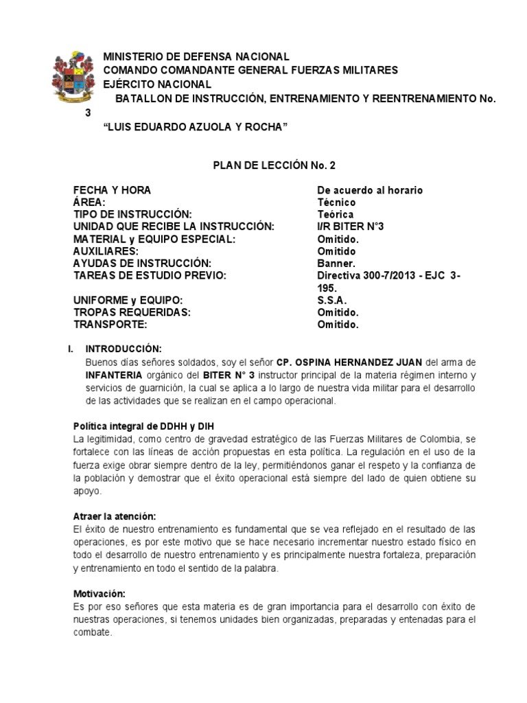 PLAN DE LECCIÓN No. 1 REGIMEN INTERNO | PDF | Disciplinas | Militar