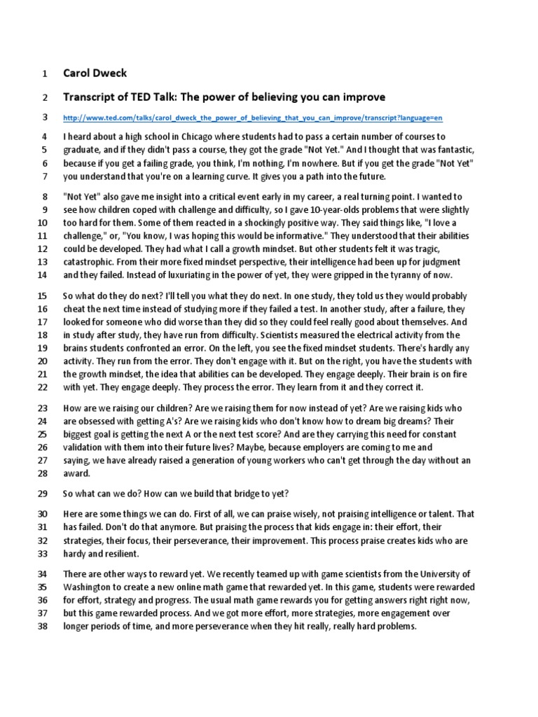 Dweck's Growth Mindset TED Talk Summary | PDF | Mindset | Psychology