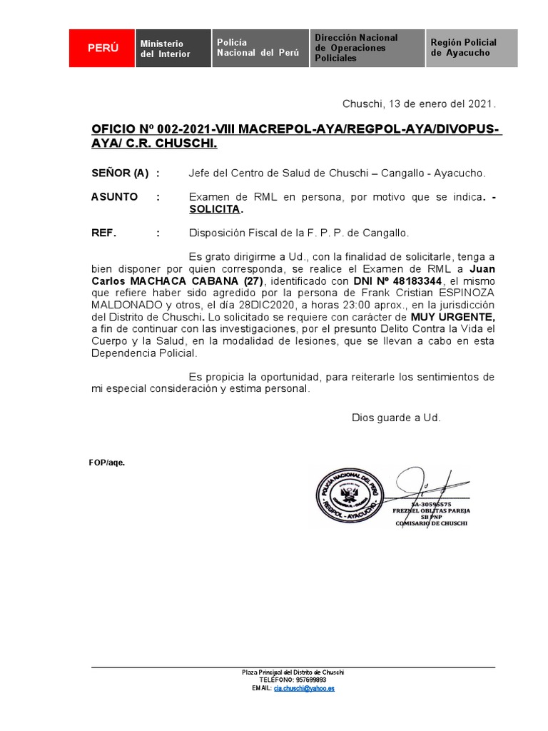 Oficio Solicita RML y Psicologico - Modelo | PDF