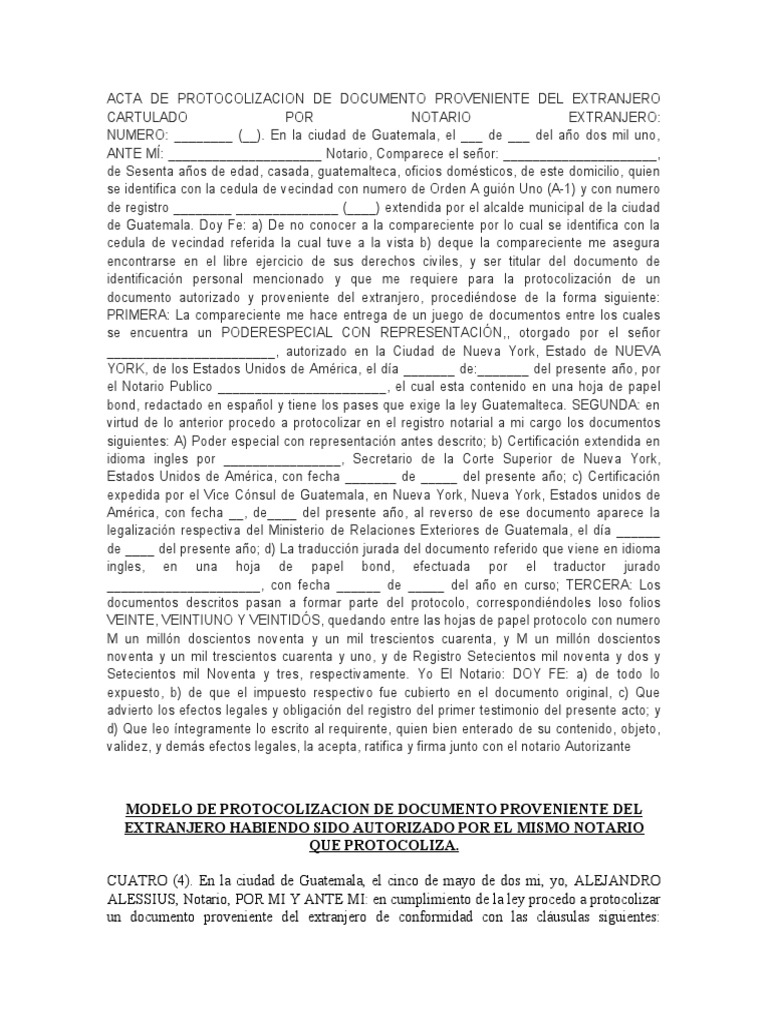 Acta de Protocolizacion de Documento Proveniente Del Extranjero Cartulado Por Notario Extranjero ...
