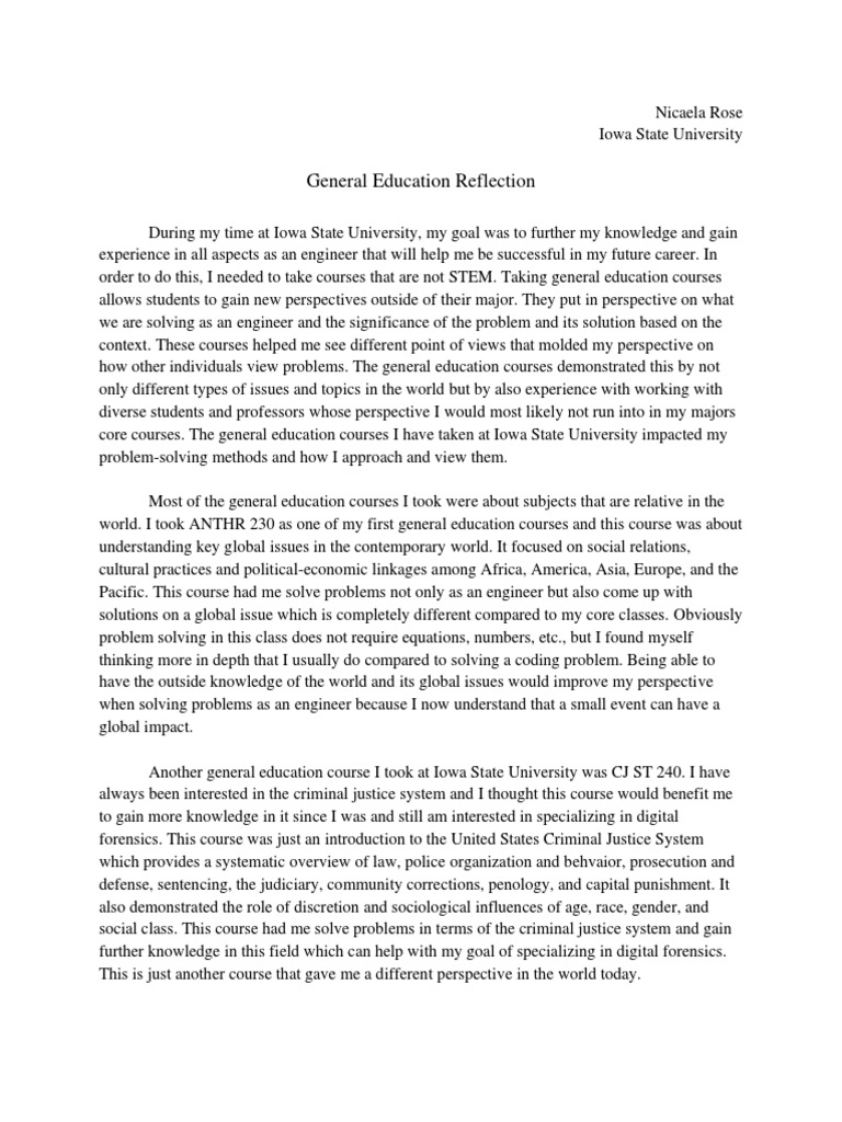 General Education Reflection | PDF | Thought | Experience