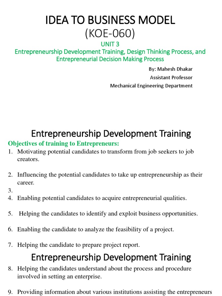 Entrepreneurship Development Training Design Thinking Process And