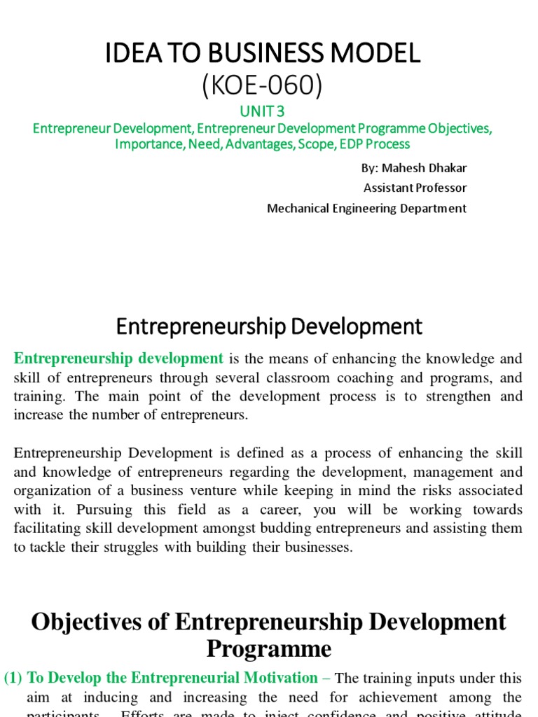 UNIT 3 Entrepreneur Development, Entrepreneur Development Programme ...