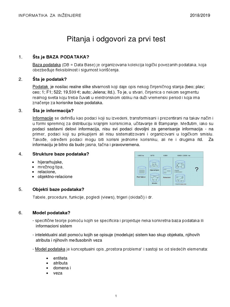 Pitanja I Odgovori Za Prvi Test: Šta Je Baza Podataka? | PDF