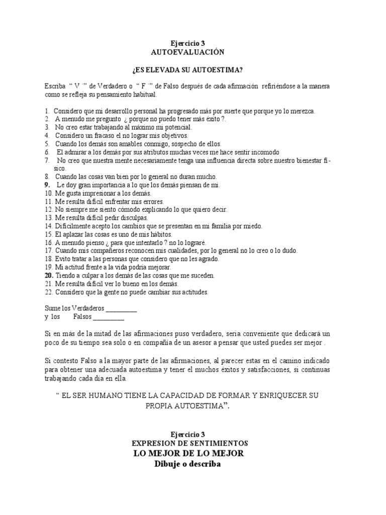 Taller - Ejercicio 3 - AUTOESTIMA - Quien Soy Yo | PDF | Autoestima