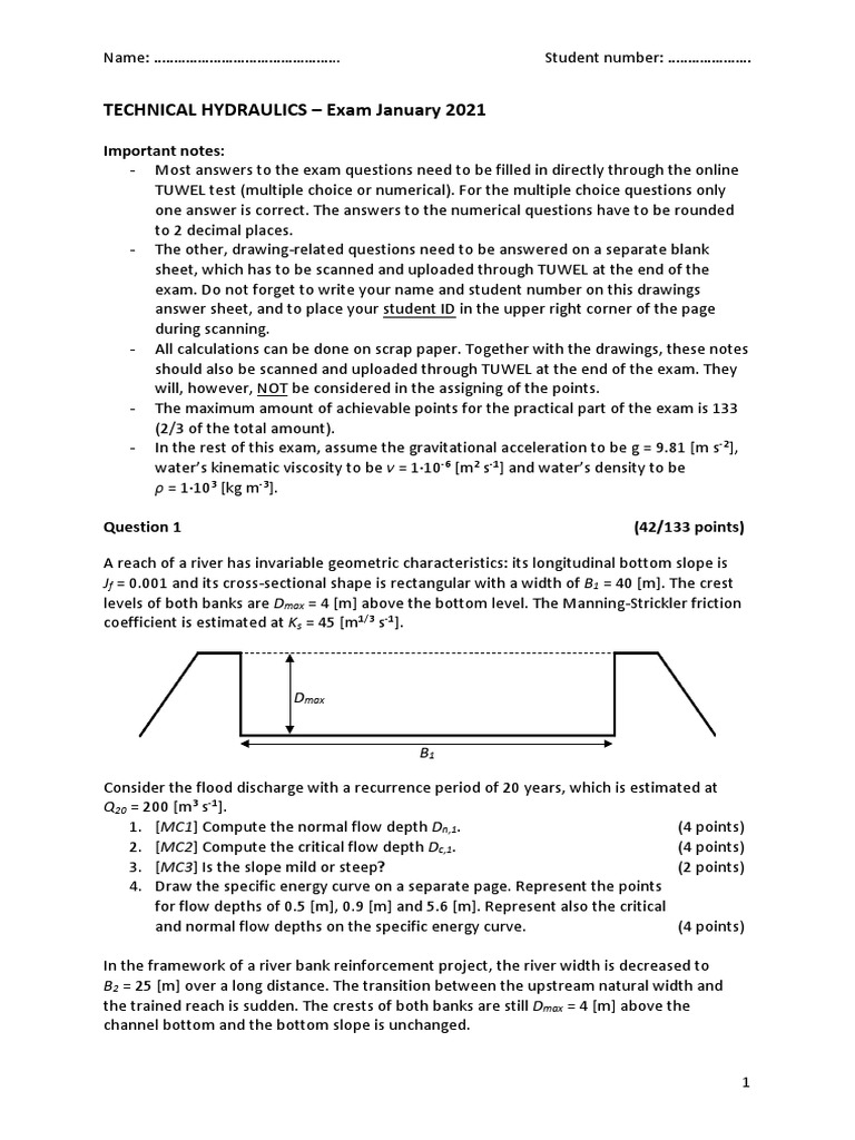 Technical Hydraulics Exam January 2021 | PDF | River | Test (Assessment)
