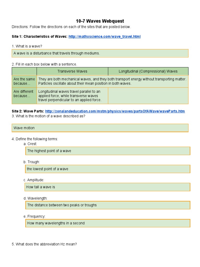 10-7 Waves Webquest: Site 1: Characteristics of Waves | PDF