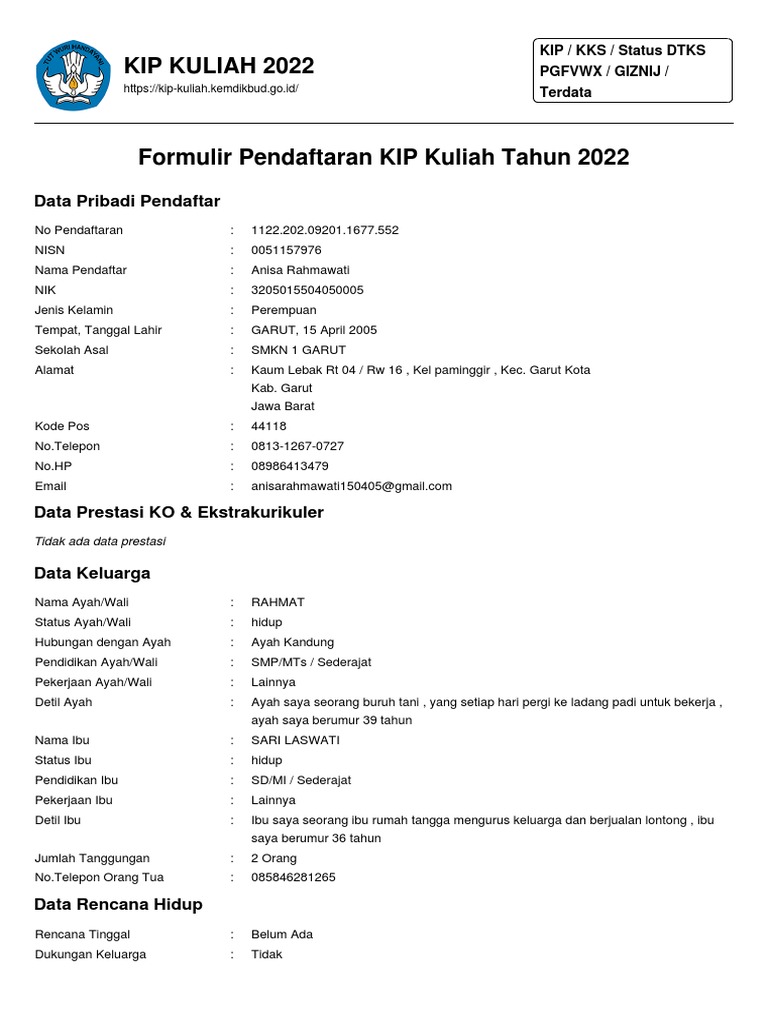Formulir Peserta KIP Kuliah 2022 | PDF