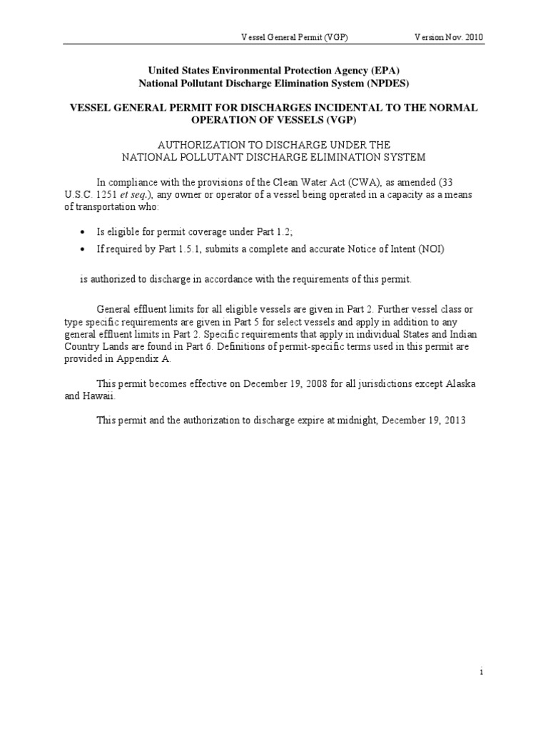 VESSEL - VGP - Permit - November 2010 Rev. Mar 29, 2011 | PDF | Clean ...
