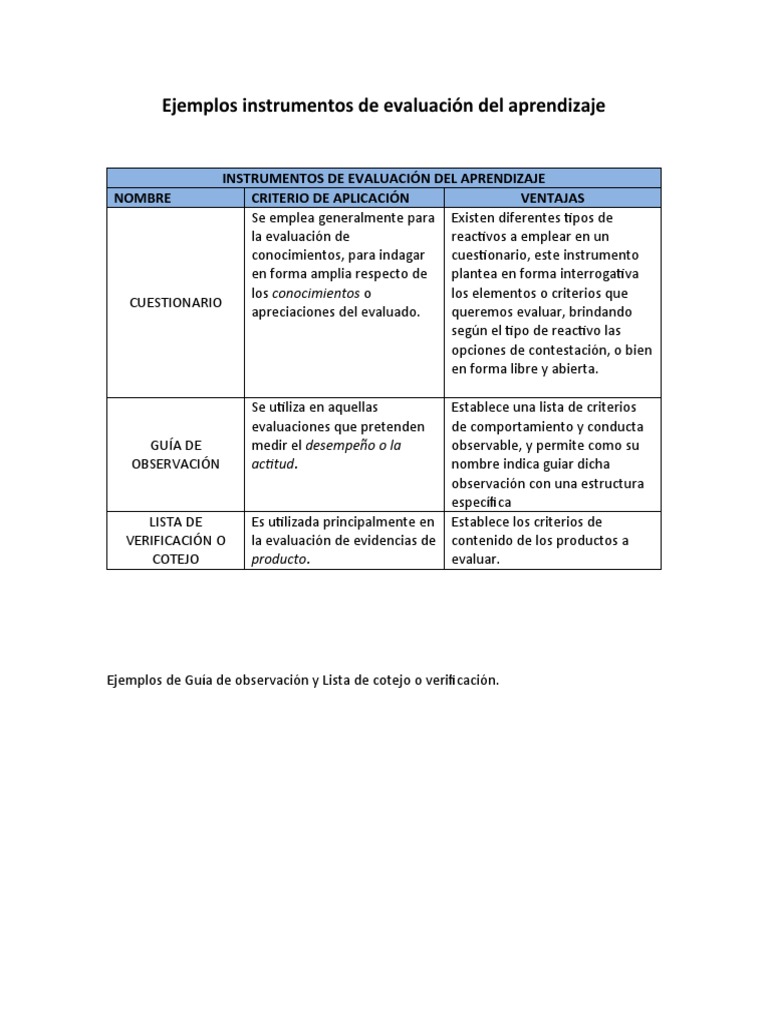 Ejemplos Instrumentos de Evaluación | PDF