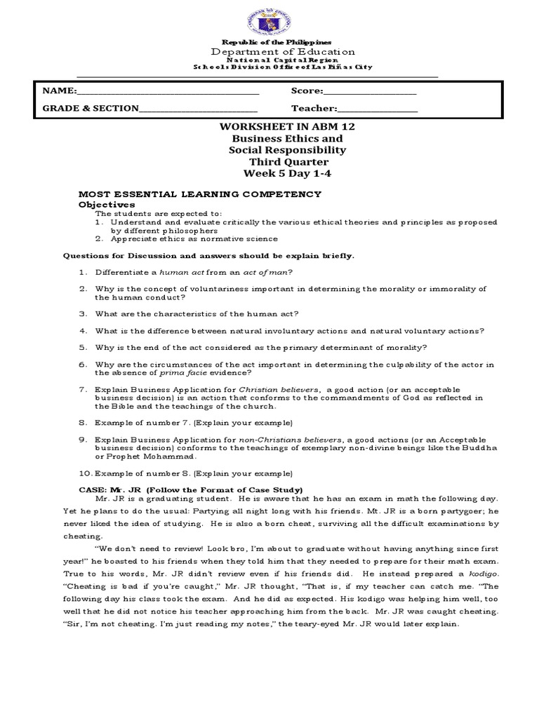 Worksheet in Abm 12 Business Ethics and Social Responsibility Third ...