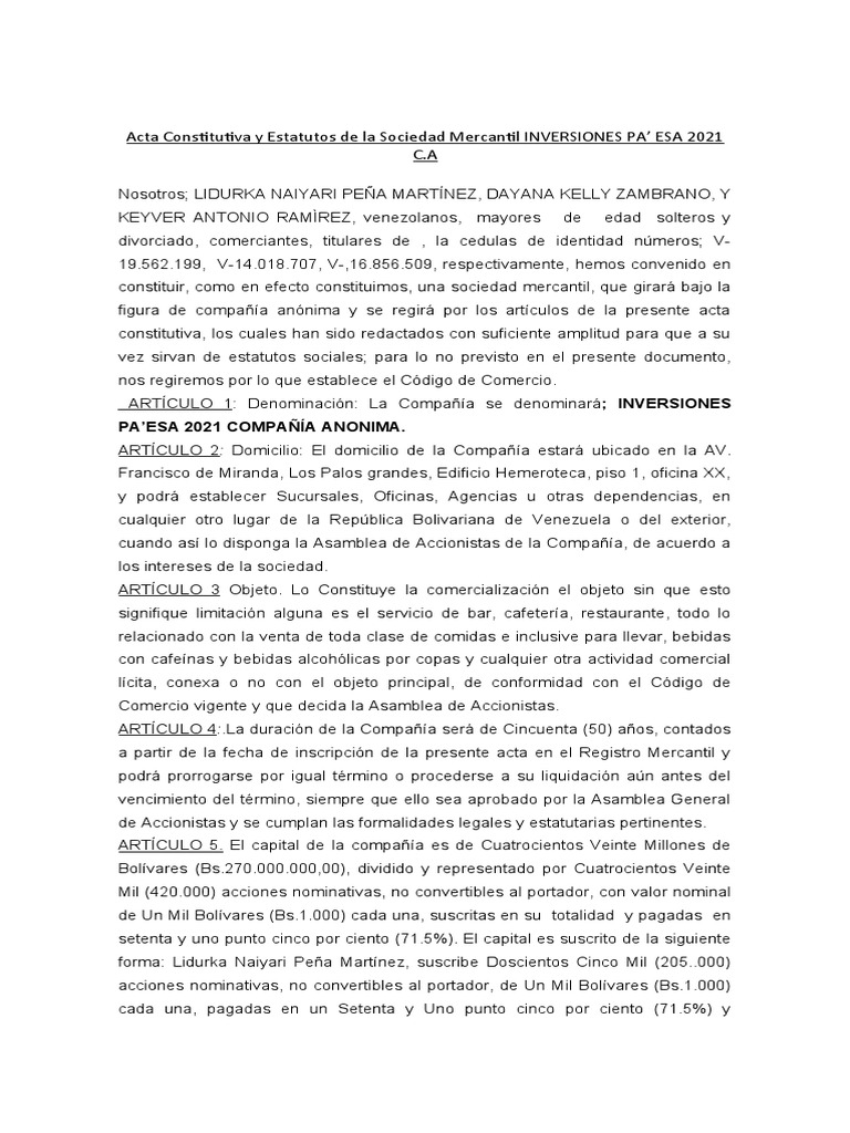 Acta Constitutiva Inversiones Pa'Esa | PDF | Compartir (Finanzas)