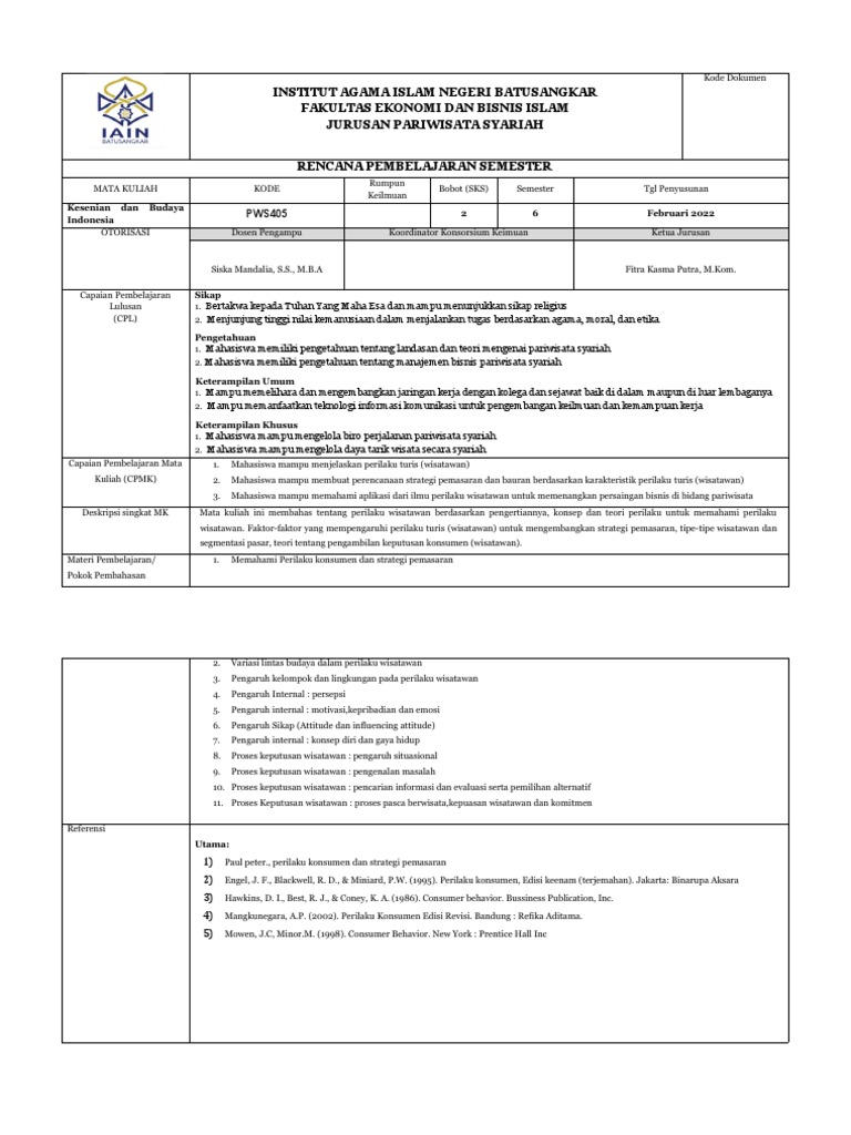RPS Tourist Behavior - Siska Mandalia, S.S.,M.B.A | PDF