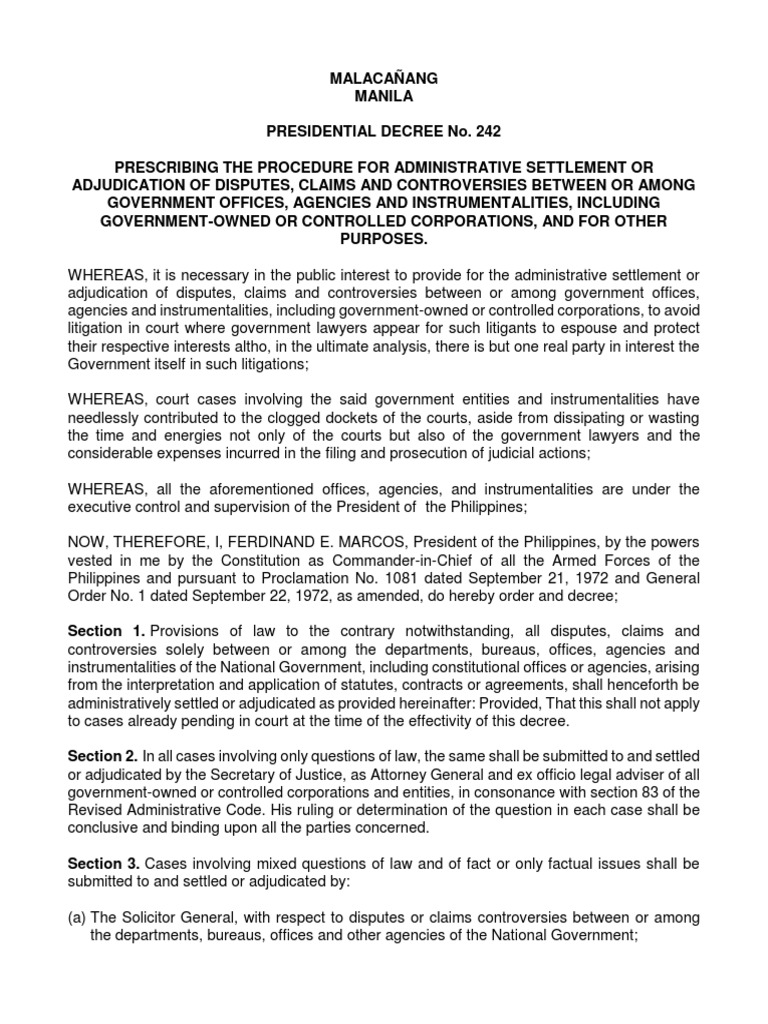 PRESIDENTIAL DECREE No. 242 | PDF | Adjudication | World Politics