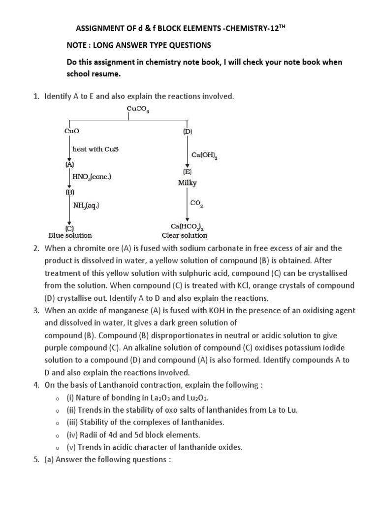 ASSIGNMENT OF D & F BLOCK ELEMENTS - CHEMISTRY-12TH | PDF