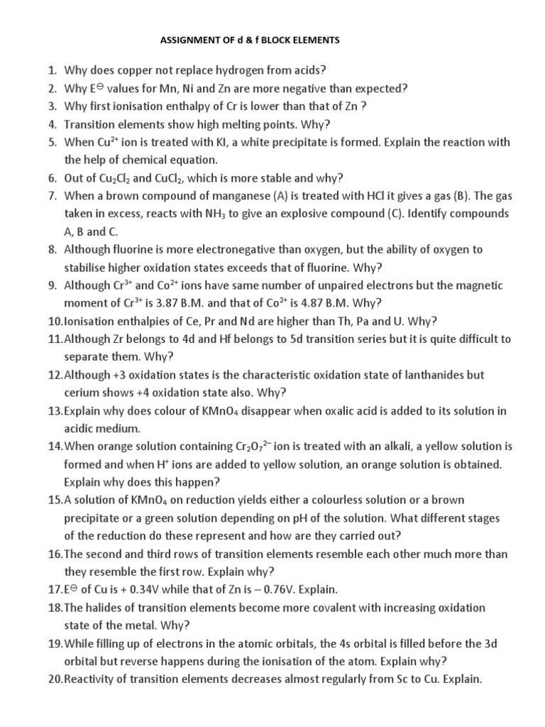 ASSIGNMENT OF D & F BLOCK ELEMENTS | PDF