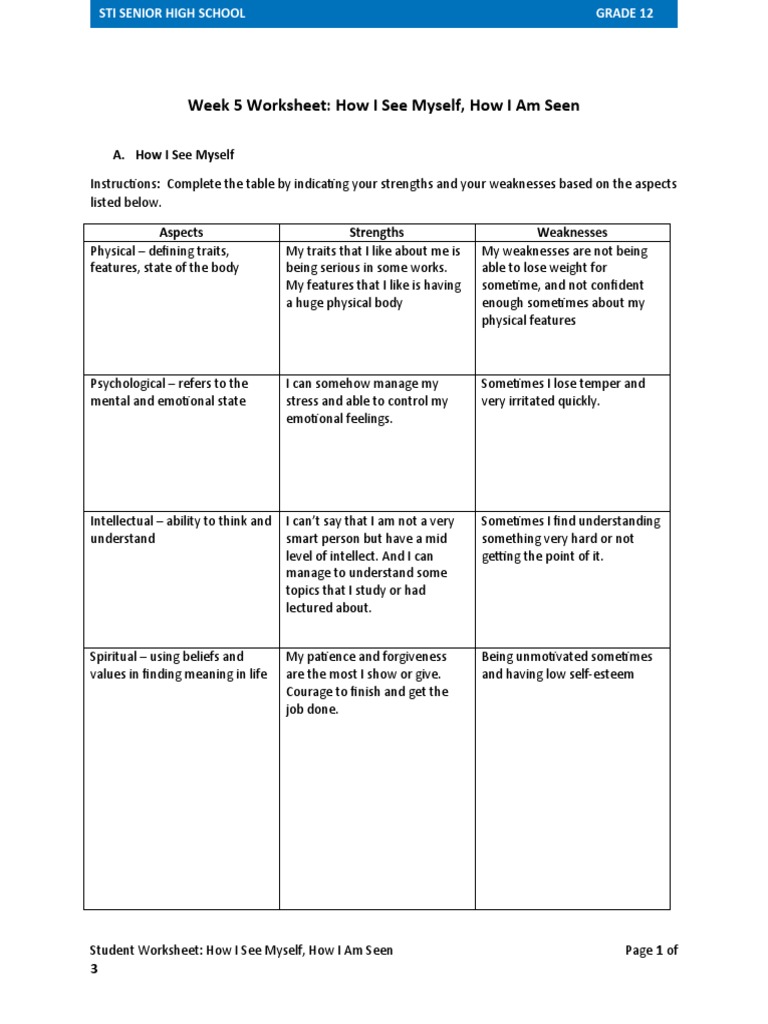 Self-Reflection Worksheet: Strengths & Weaknesses | PDF | Psychology ...