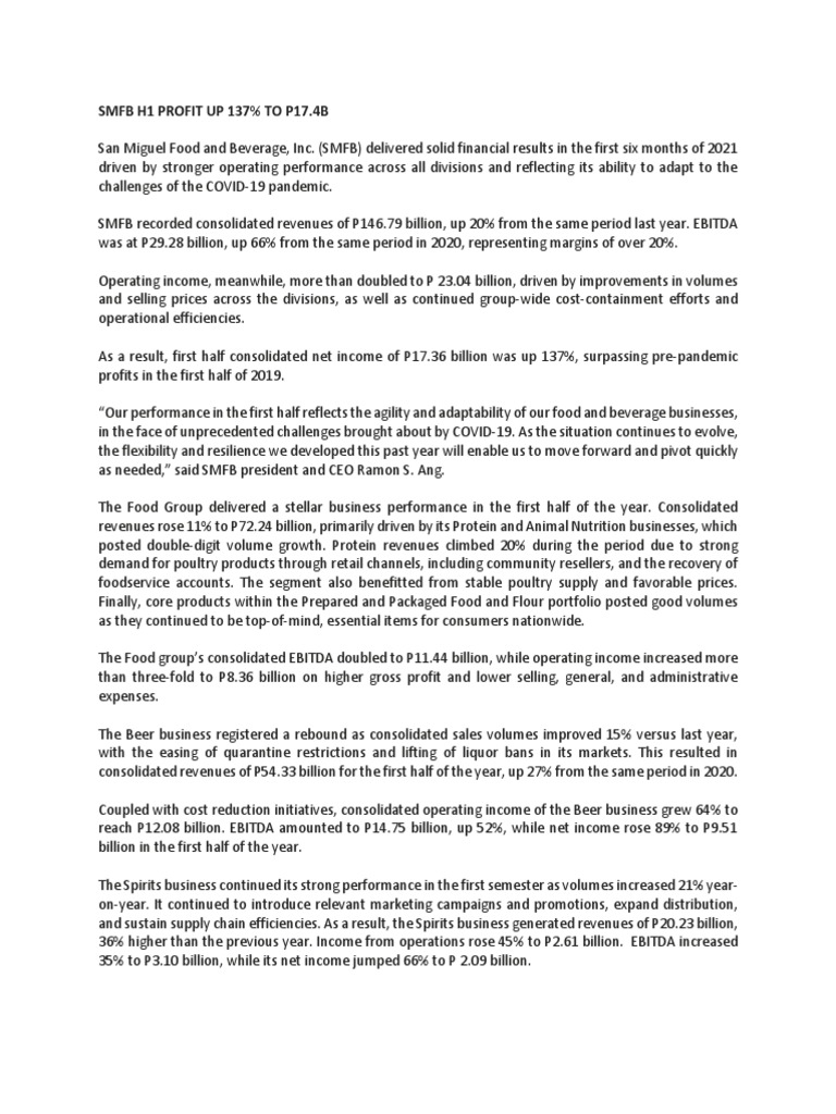 SMFB Press Release 08.04.21 (SMFB H1 PROFIT UP 137% TO P17.4B.) | PDF ...