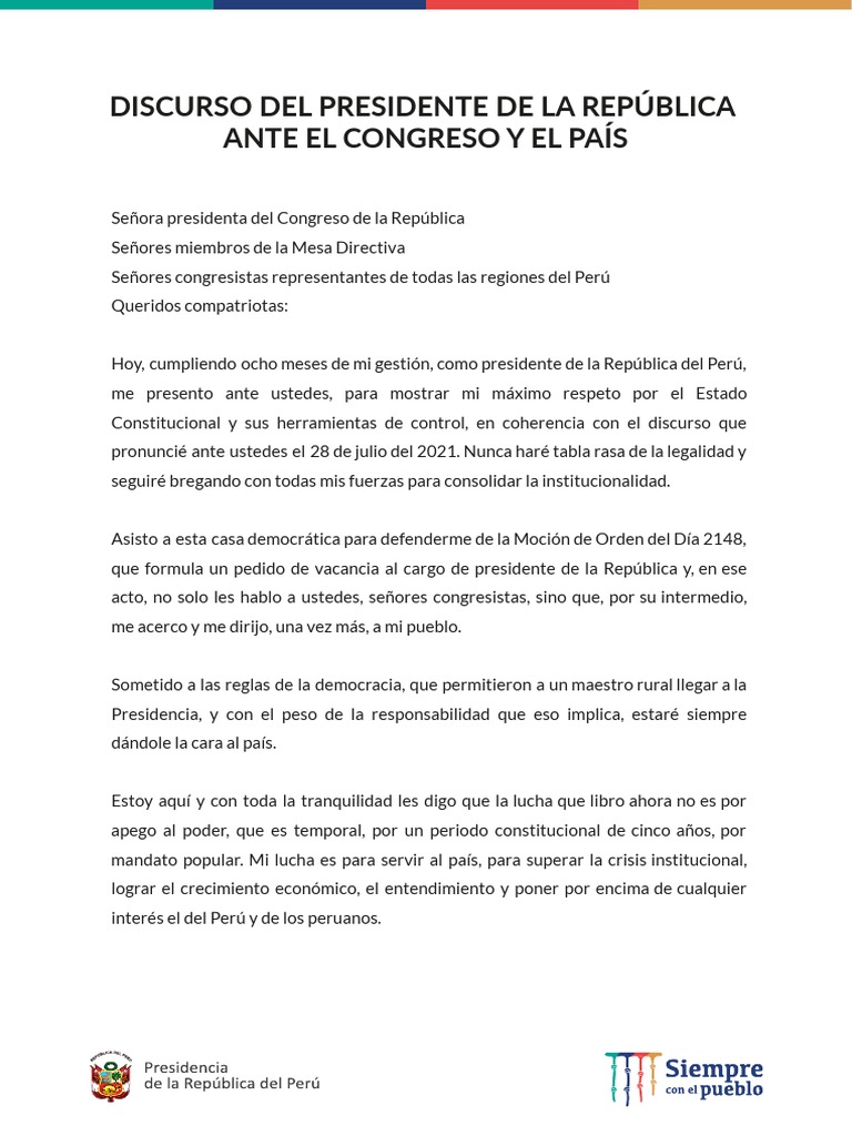Discurso Del Presidente de La República Ante El Congreso y El País ...