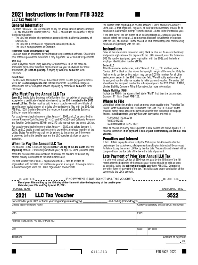 2021 Instructions For Form FTB 3522: 2021 LLC Tax Voucher 3522 | PDF ...