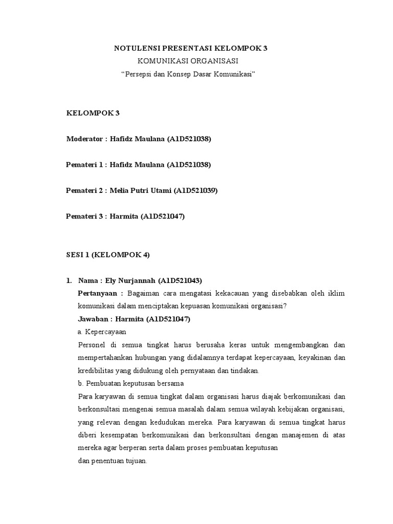 NOTULEN PRESENTASI KELOMPOK 3 KOMUNIKASI ORGANISASI - 2-Dikonversi | PDF