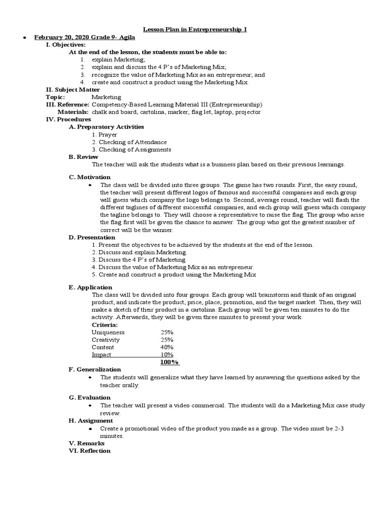 Lesson Plan in Entrepreneurship I CO | PDF | Lesson Plan | Teachers