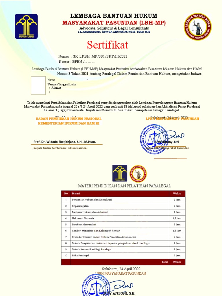 Sertifikat Diklat LBH MP Tete Print | PDF | Politik | Ilmu Sosial