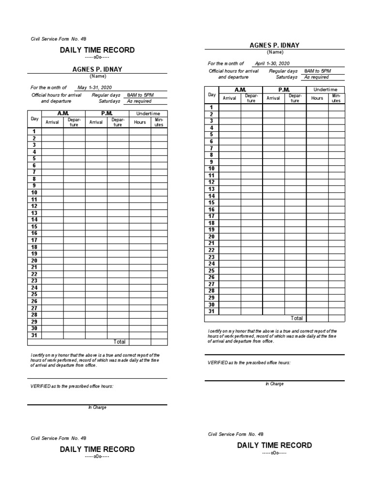 Daily Time Record: Agnes P. Idnay | PDF