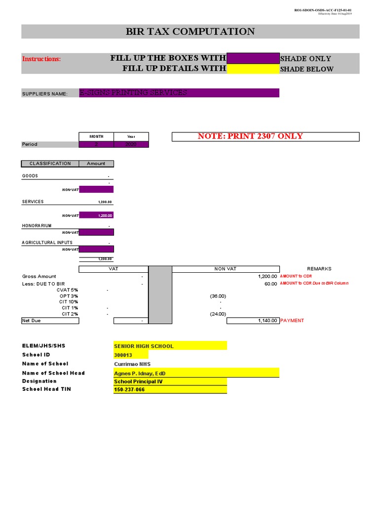 Bir Tax Computation: Fill Up The Boxes With Fill Up Details With | PDF | Value Added Tax | Taxes