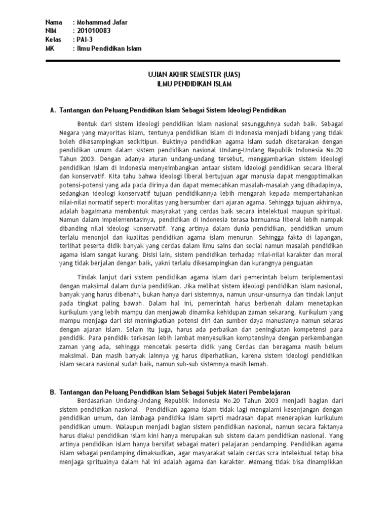 Tantangan Dan Peluang Pendidikan Islam Sebagai Sistem Ideologi Pendidikan | PDF