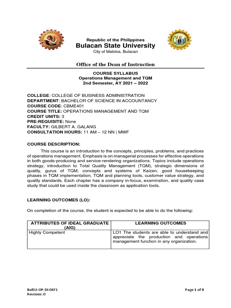 Opm TQM Course Syllabus Bsa Bsais | PDF | Educational Assessment | Cognition