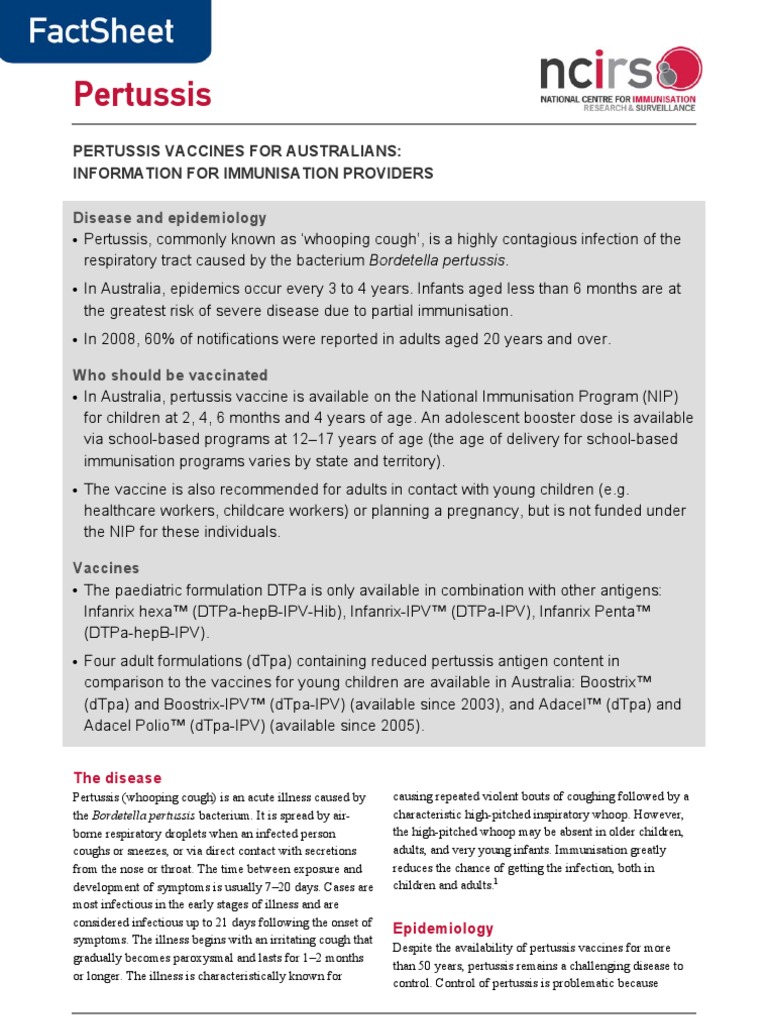 Pertussis Fact Sheet: National Centre For Immunisation Research and ...