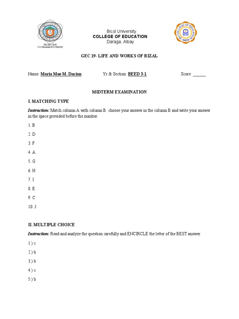 Dacian Beed 3 1 Gec 19 Midterm Exam | PDF | Science | Cognition