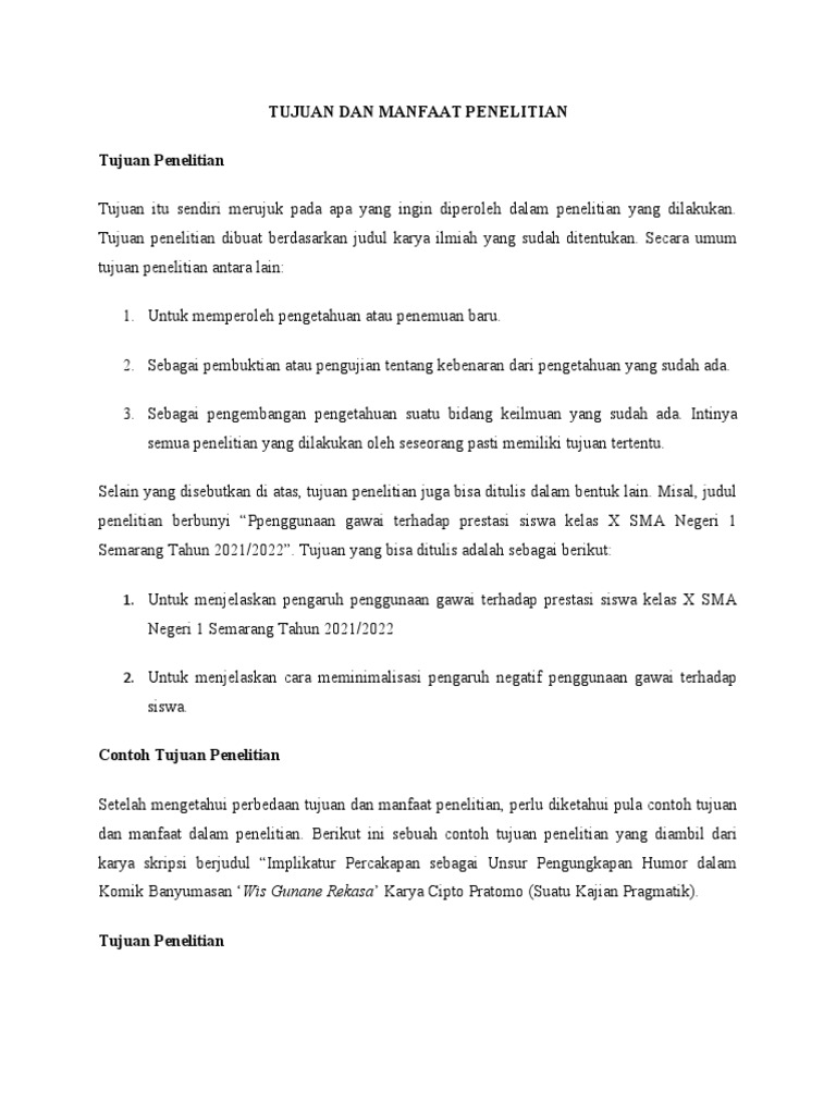 Tujuan Dan Manfaat Penelitian 1647317668 | PDF