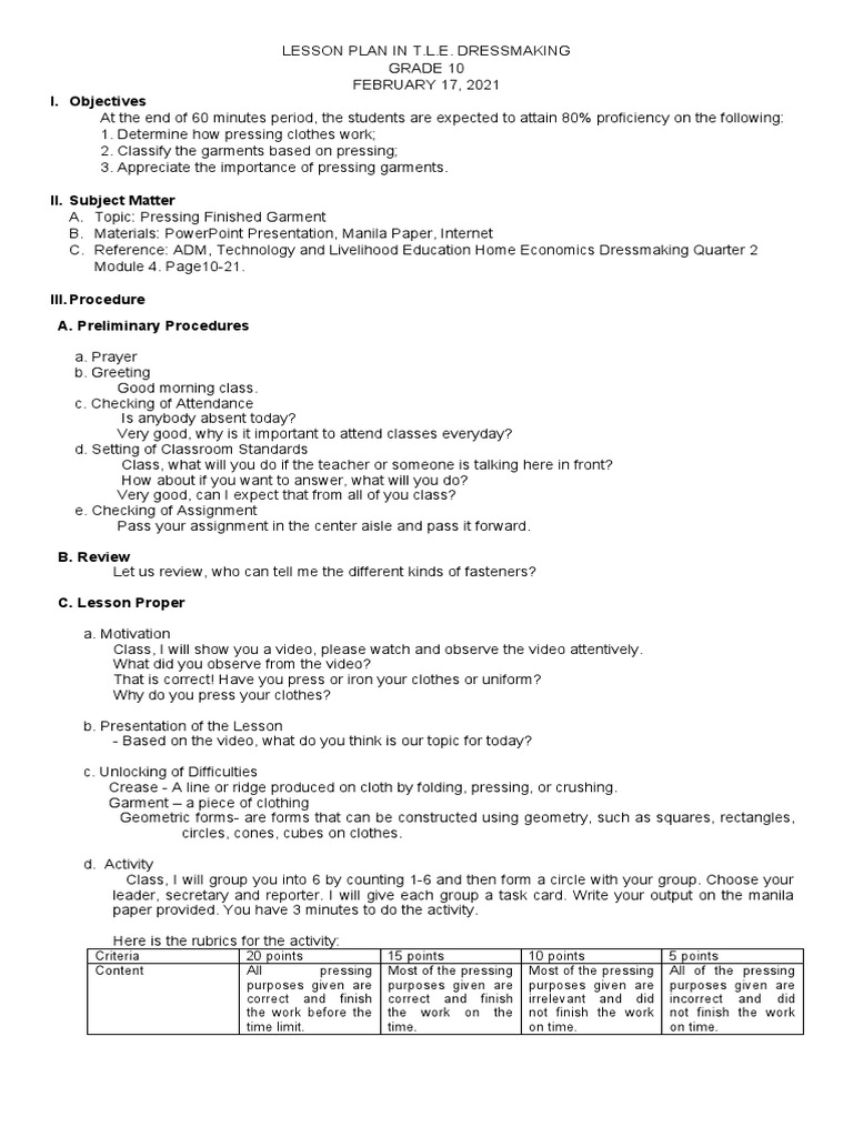 Lesson Plan Dressmaking Pressing | PDF
