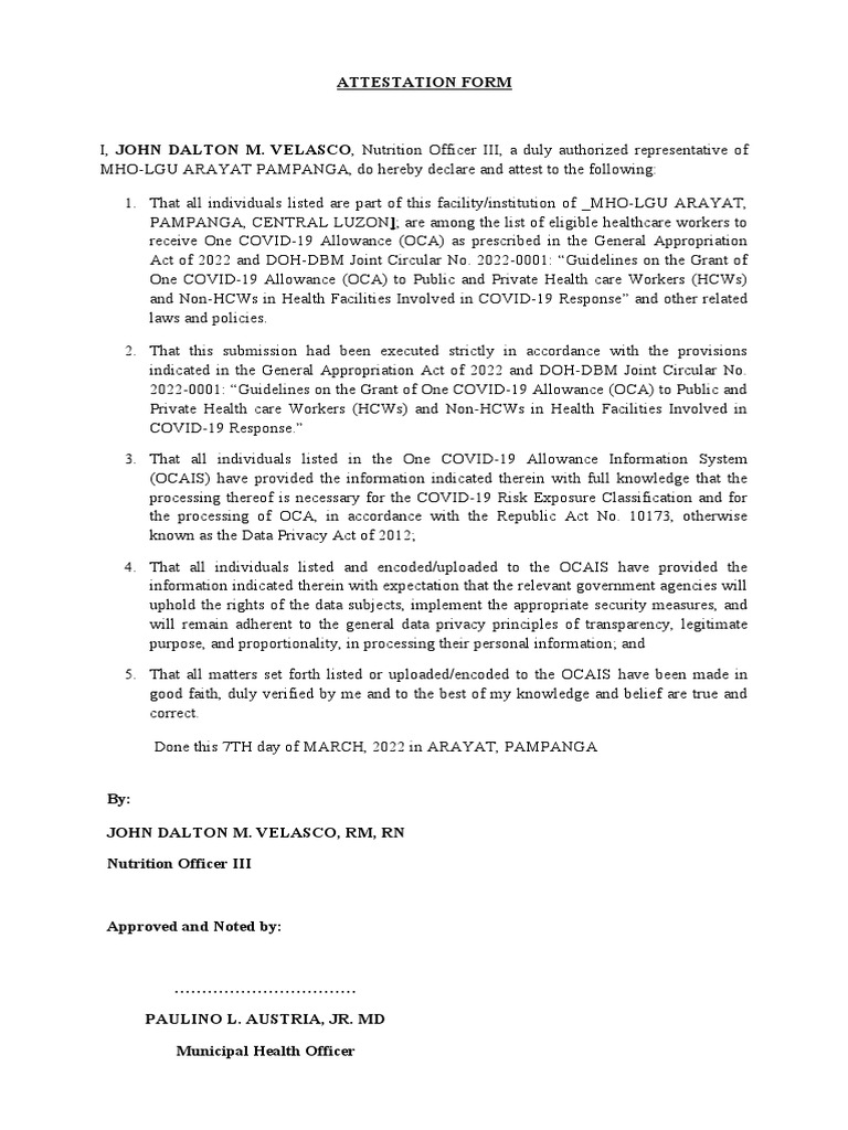 Oca Attestation Form | PDF | Privacy | Health Care