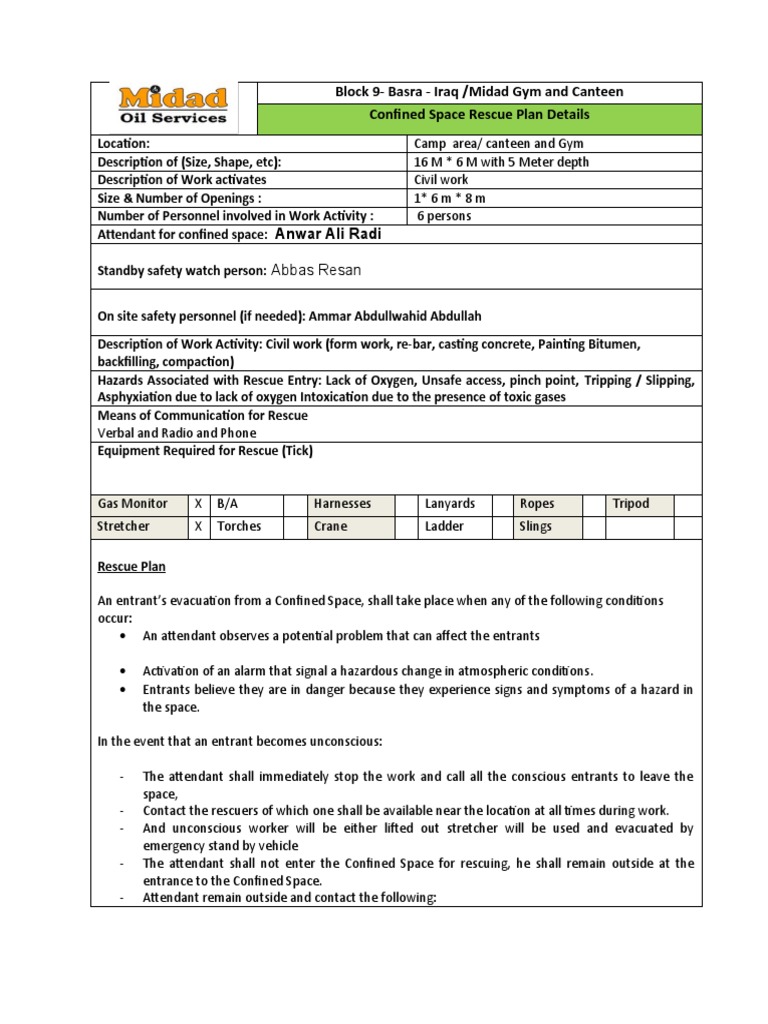 Confined Space Rescue Plan Sample | PDF